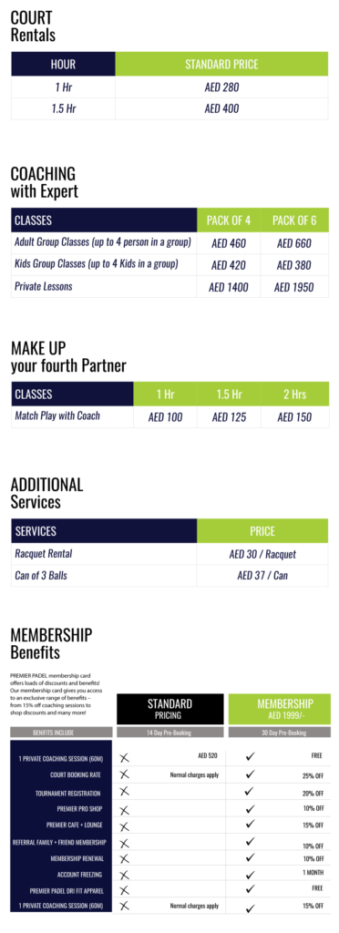 Pricing – Premier Padel